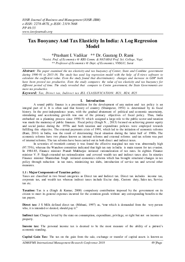 (PDF) Tax Buoyancy And Tax Elasticity In India: A Log Regression Model