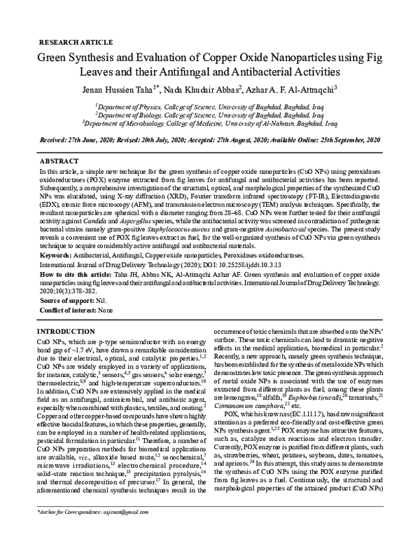 (PDF) Green Synthesis and Evaluation of Copper Oxide Nanoparticles using Fig Leaves and their ...