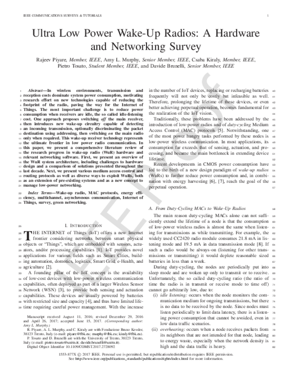 (PDF) Ultra Low Power Wake-Up Radios: A Hardware and Networking Survey