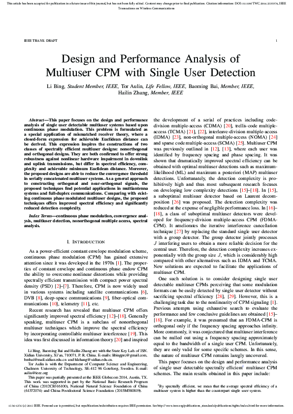(PDF) Design and Performance Analysis of Multiuser CPM With Single User Detection
