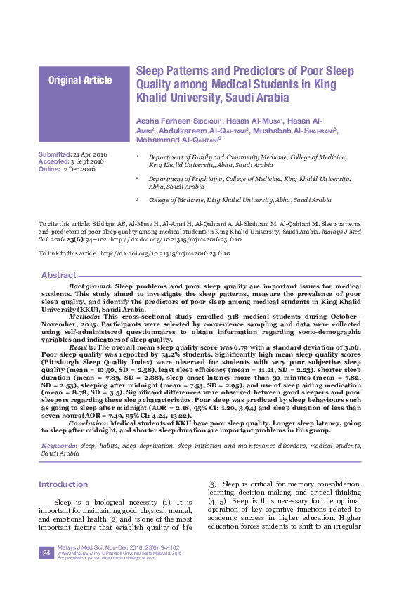 (PDF) Sleep Patterns and Predictors of Poor Sleep Quality among Medical ...