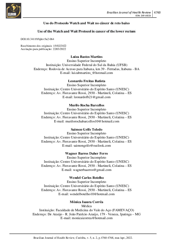 (PDF) Uso do Protocolo Watch and Wait no câncer de reto baixo / Use of ...