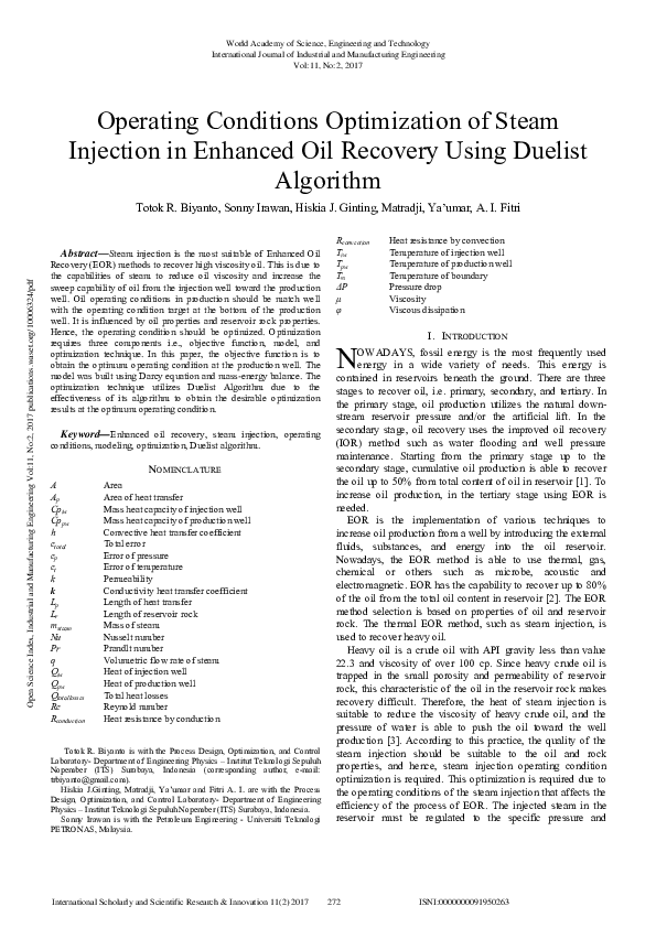(PDF) Operating Conditions Optimization Of Steam Injection In Enhanced ...