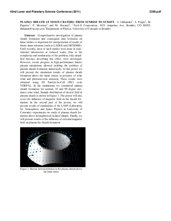(PDF) Plasma Sheath at Moon Craters: From Sunrise to Sunset
