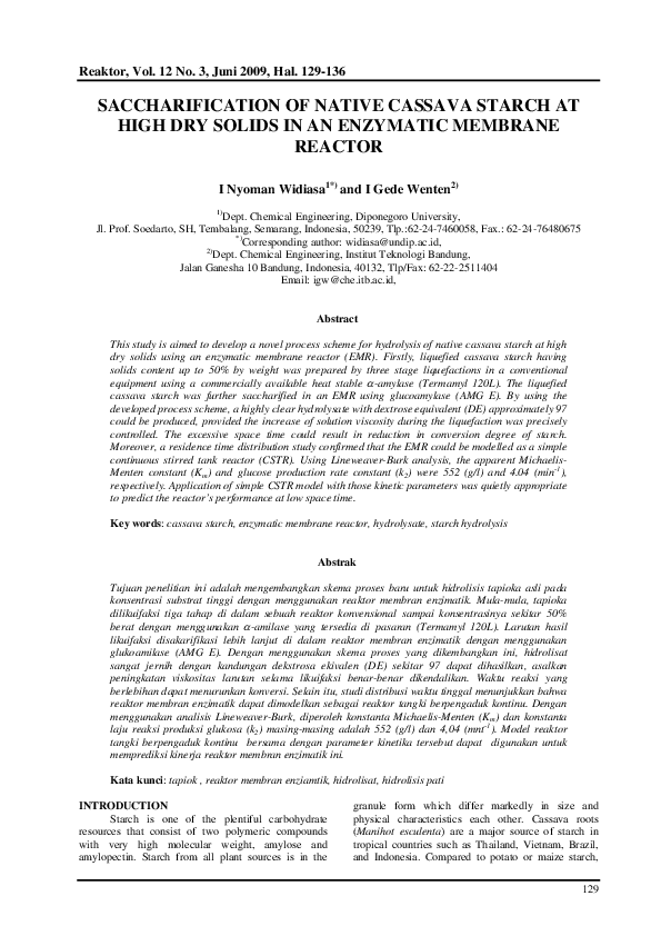 (PDF) Saccharification of Native Cassava Starch at High Dry Solids in an Enzymatic Membrane Reactor