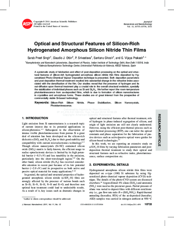 (PDF) Optical and Structural Features of Silicon-Rich Hydrogenated ...