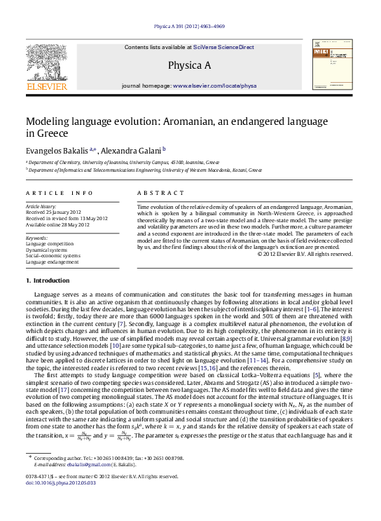 (PDF) Modeling language evolution: Aromanian, an endangered language in ...