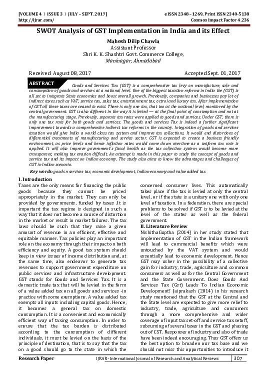 (PDF) SWOT Analysis of GST Implementation in India and its Effect