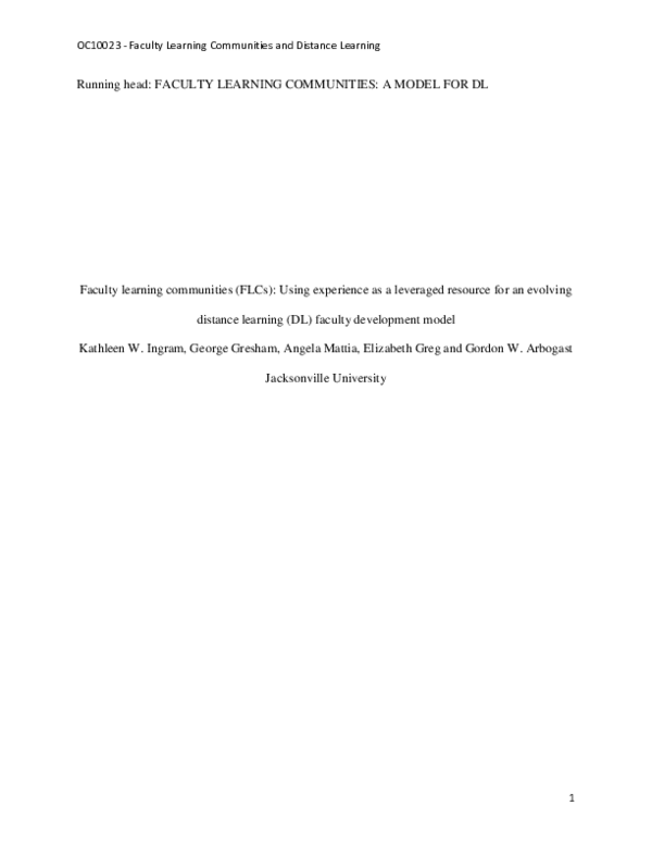 (PDF) OC10023 -Faculty Learning Communities and Distance Learning 1 Running head: FACULTY ...
