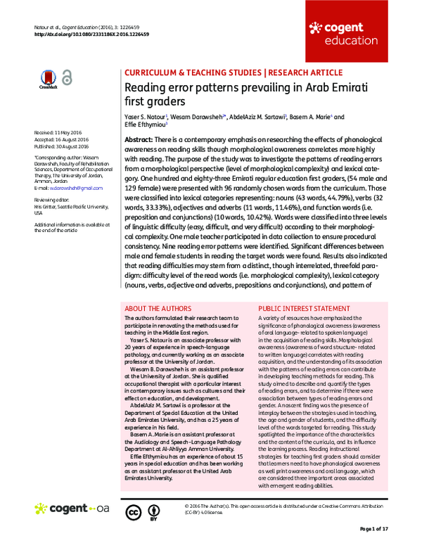 Pdf Reading Error Patterns Prevailing In Arab Emirati First Graders
