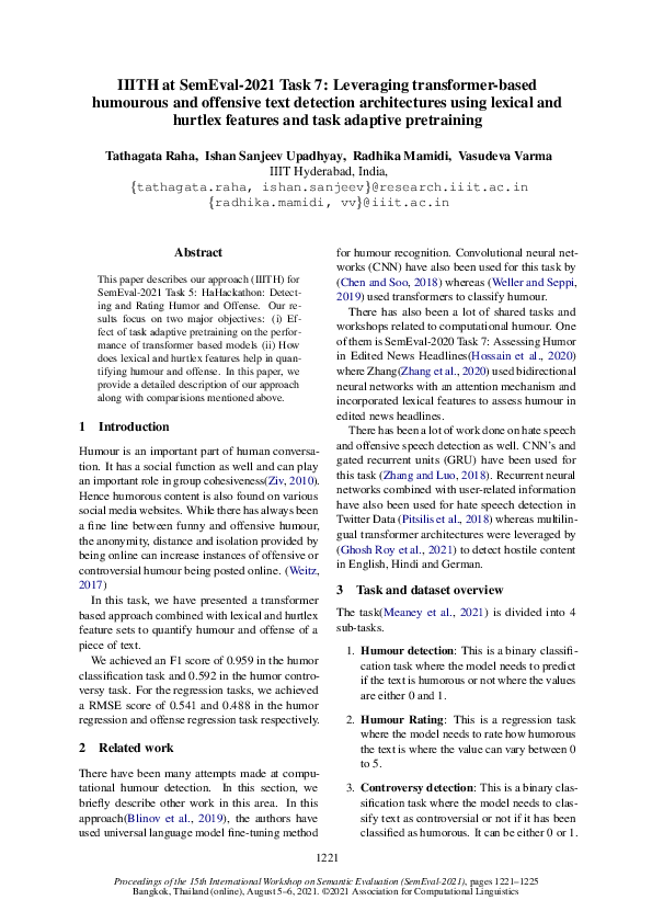 Pdf Iiith At Semeval 2021 Task 7 Leveraging Transformer Based Humourous And Offensive Text
