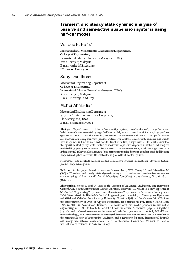 Pdf Transient And Steady State Dynamic Analysis Of Passive And Semi Active Suspension Systems