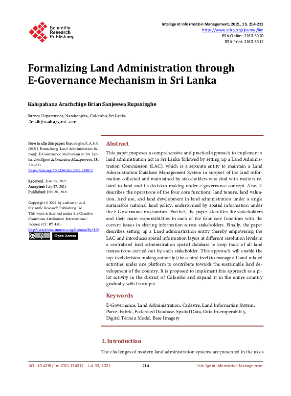 (PDF) Formalizing Land Administration through E-Governance Mechanism in ...