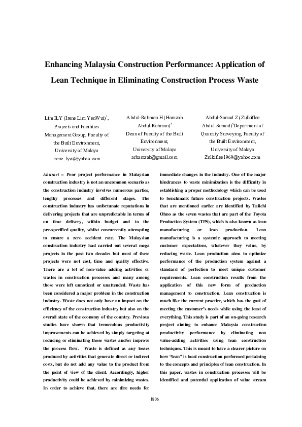 Pdf Enhancing Malaysia Construction Performance Application Of Lean