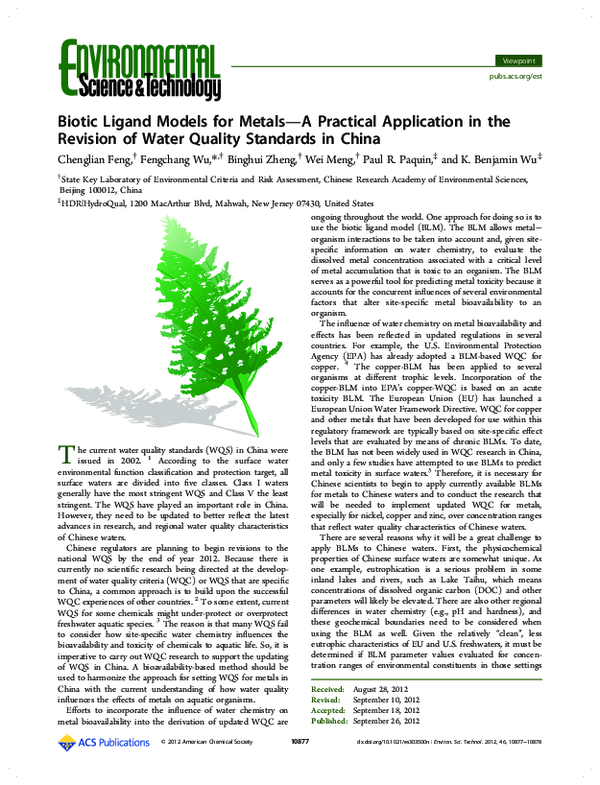 (PDF) Biotic Ligand Models for Metals—A Practical Application in the ...