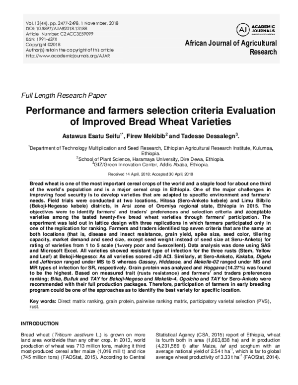 (PDF) Performance and farmers selection criteria Evaluation of Improved ...
