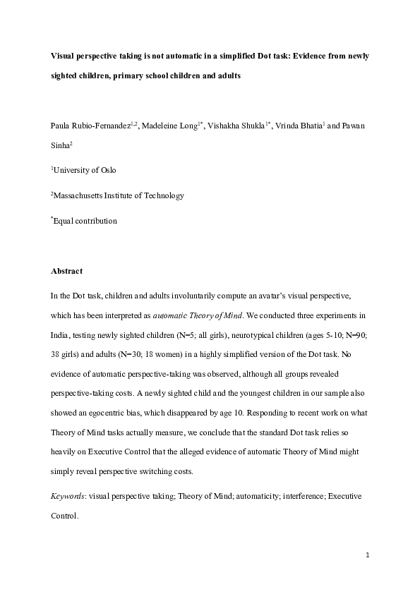 (PDF) Visual perspective taking is not automatic in a simplified Dot task
