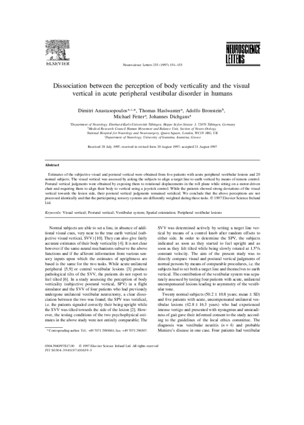 (PDF) Dissociation between the perception of body verticality and the ...