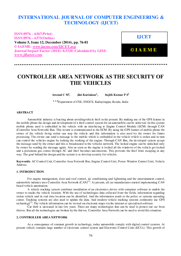 (PDF) Controller Area Network as the Security of the Vehicles