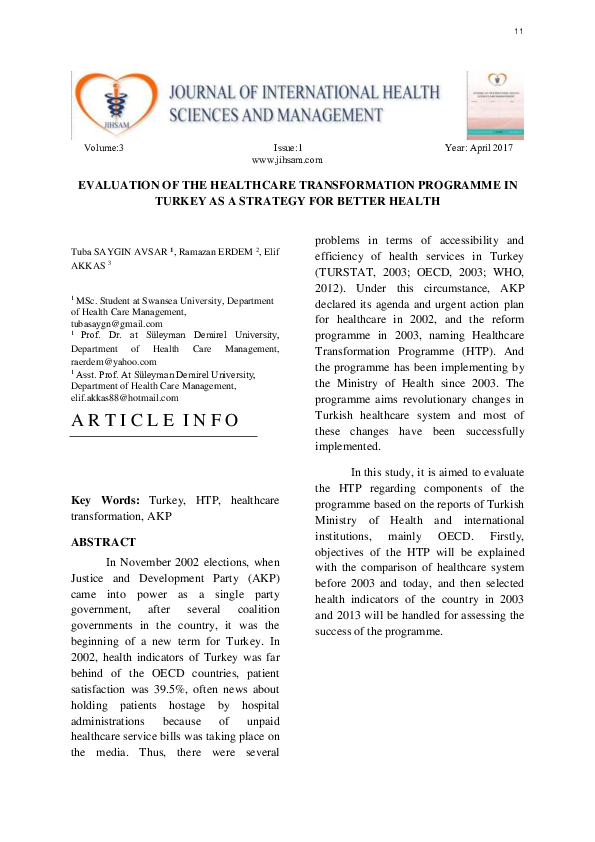 (PDF) Evaluation of the Healthcare Transformation Programme in Turkey ...