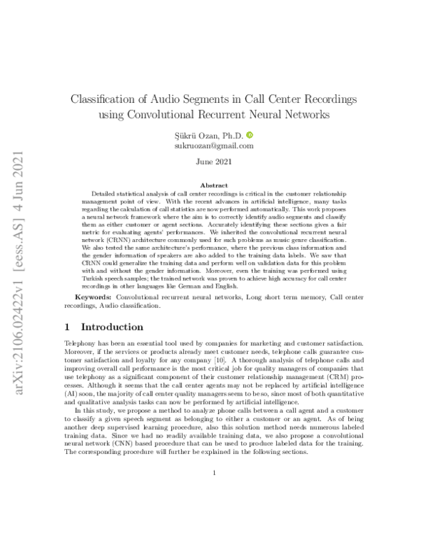 (PDF) Classification of Audio Segments in Call Center Recordings using ...