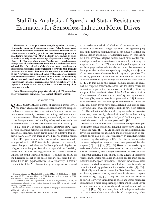 (PDF) Stability Analysis of Speed and Stator Resistance Estimators for Sensorless Induction ...