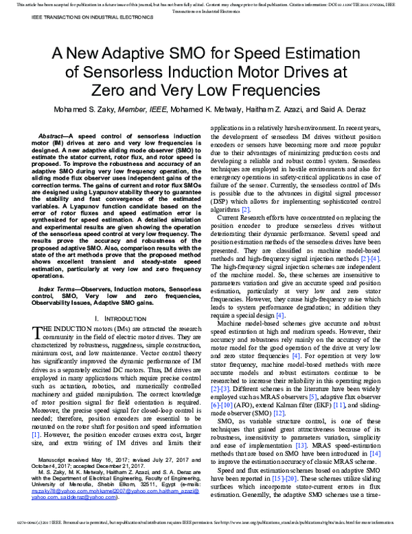 Pdf A New Adaptive Smo For Speed Estimation Of Sensorless Induction Motor Drives At Zero And