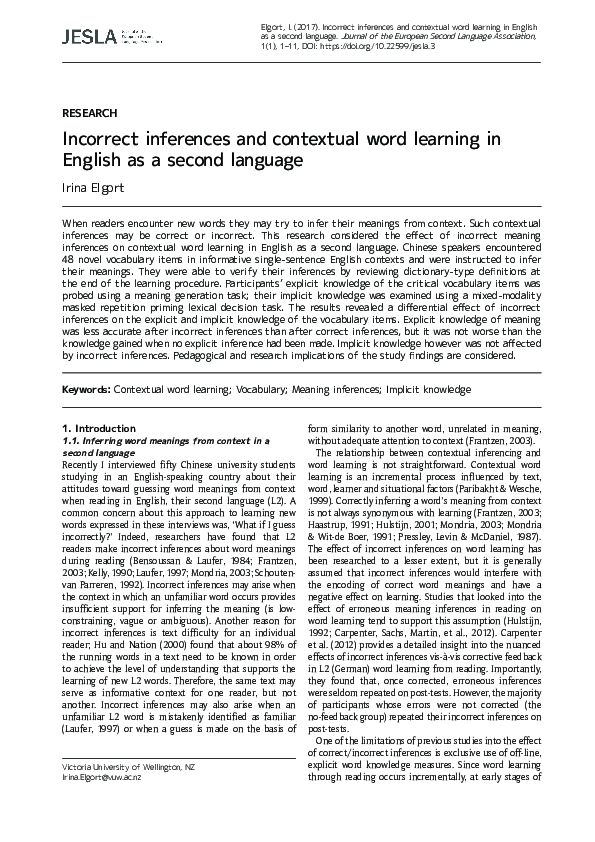 (PDF) Incorrect inferences and contextual word learning in English as a ...