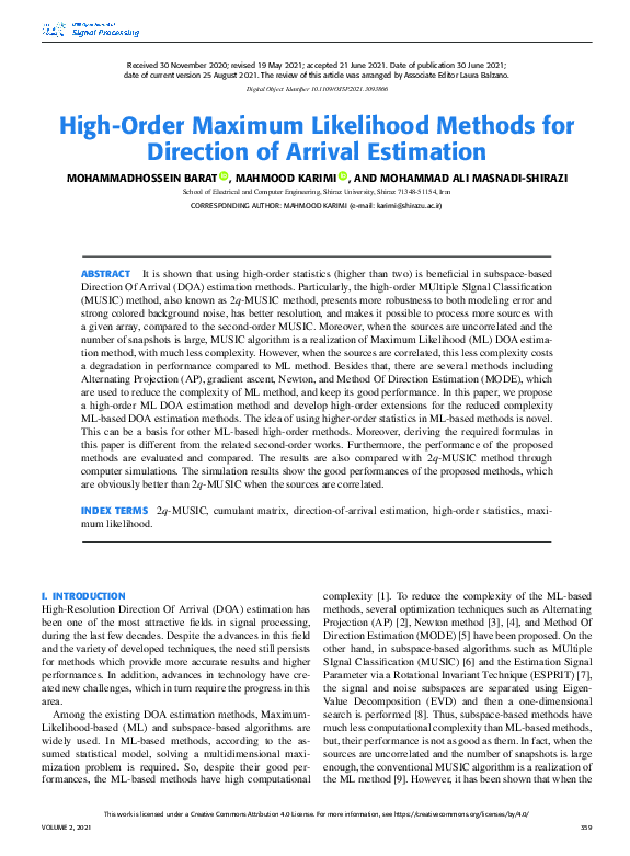 (PDF) High-Order Maximum Likelihood Methods for Direction of Arrival Estimation