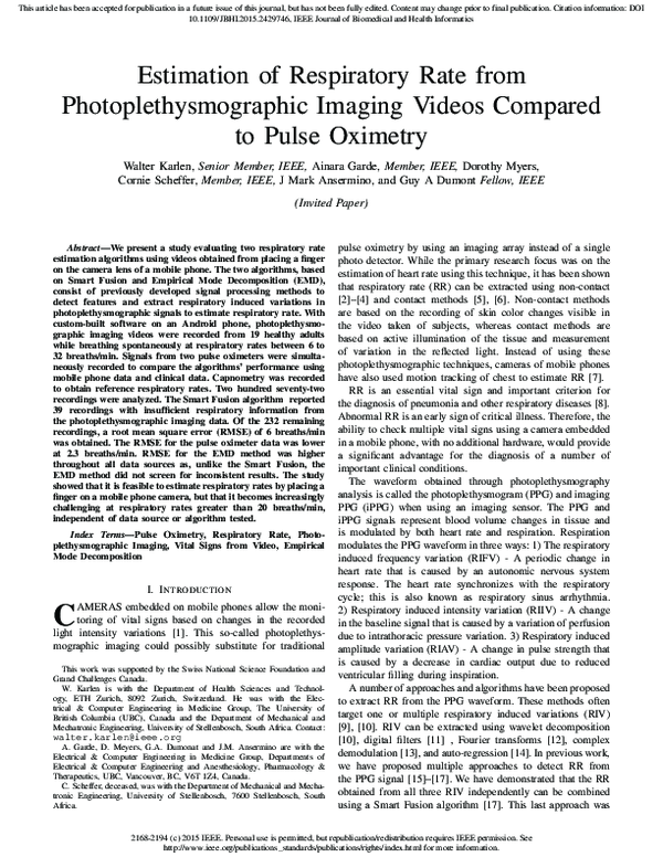 (PDF) Estimation of respiratory rate from photoplethysmogram signal of sleep apnea patients: A ...
