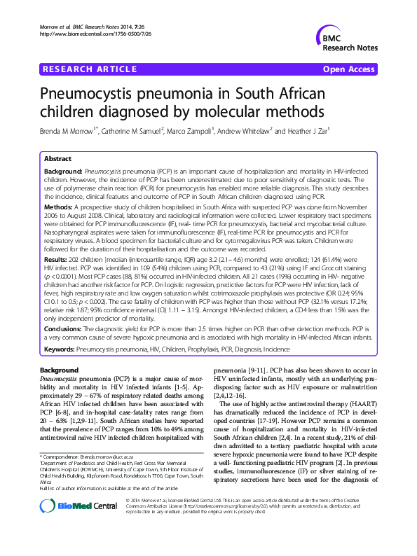 (PDF) Pneumocystis pneumonia in South African children diagnosed by molecular methods