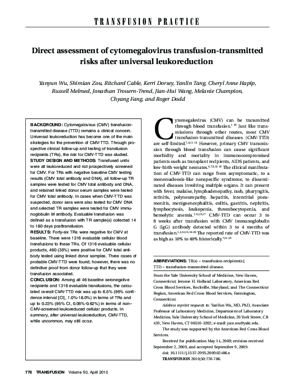 (PDF) Direct assessment of cytomegalovirus transfusion-transmitted ...