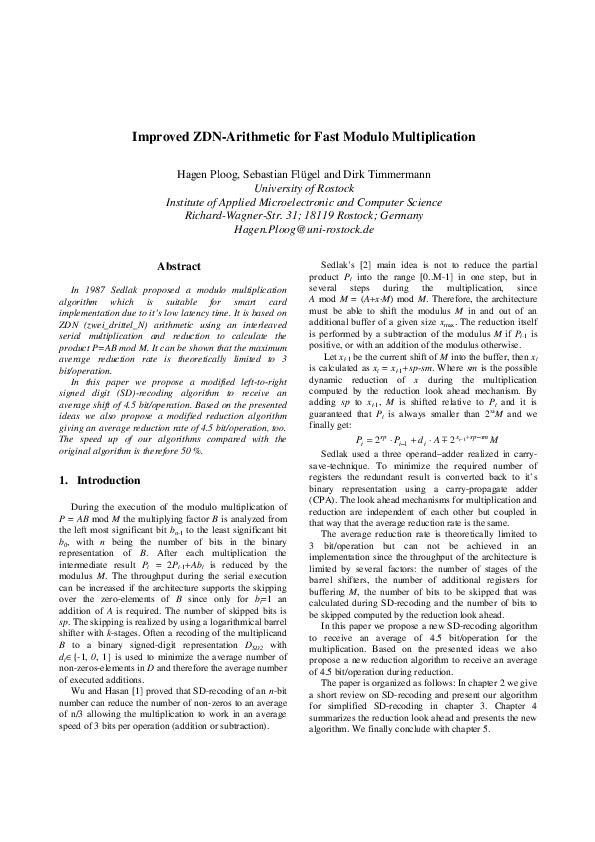 (PDF) Improved ZDN-arithmetic for fast modulo multiplication