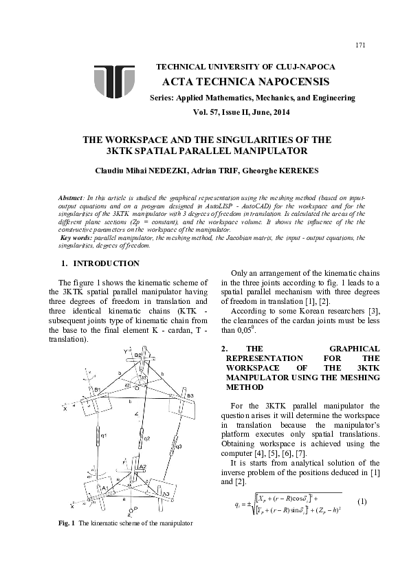 (PDF) The Workspace and the Singularities of the 3KTK Spatial Parallel ...