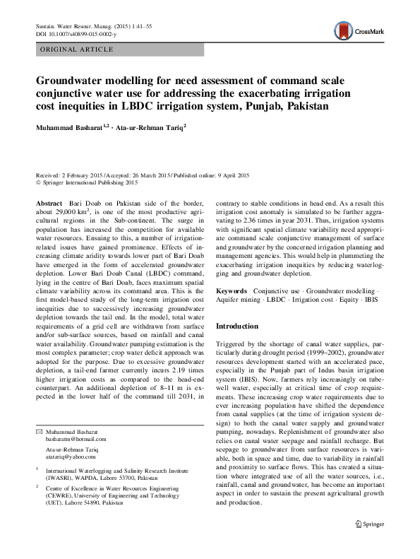 (PDF) Groundwater modelling for need assessment of command scale conjunctive water use for ...