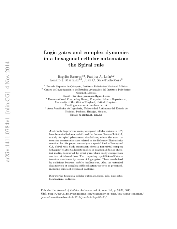 Pdf Logic Gates And Complex Dynamics In A Hexagonal Cellular Automaton The Spiral Rule