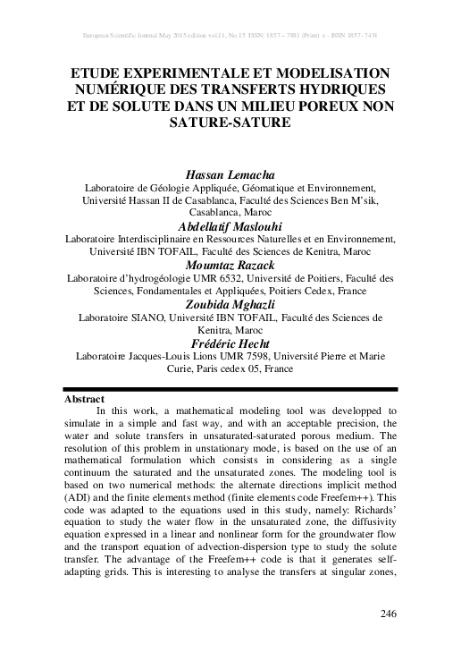 (PDF) Etude Experimentale et Modelisation Numérique Des Transferts Hydriques et De Solute Dans ...