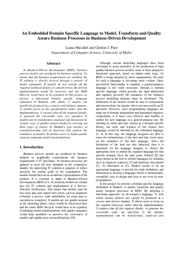 (PDF) An embedded domain specific language to model, transform and quality assure business ...