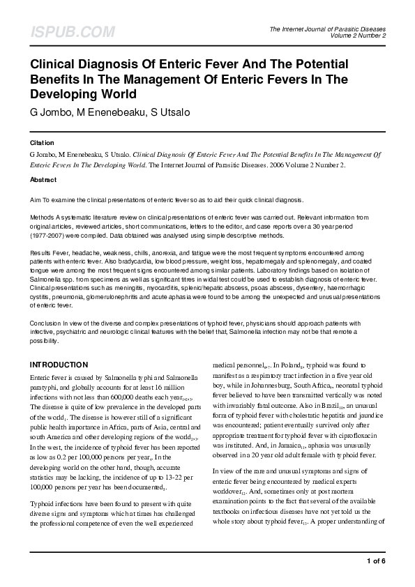(PDF) Clinical Diagnosis Of Enteric Fever And The Potential Benefits In ...
