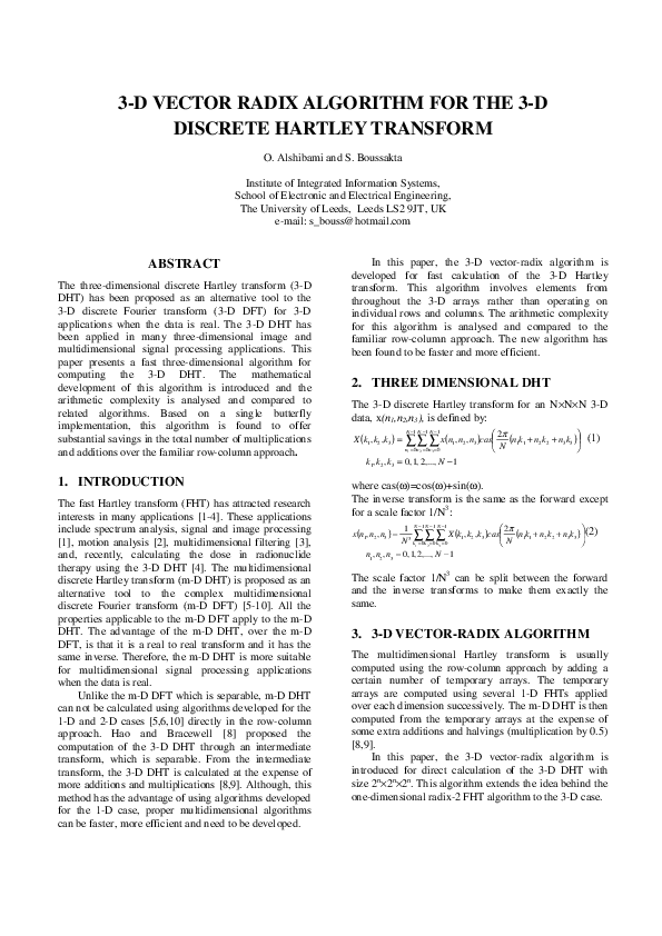 (PDF) 3-D vector radix algorithm for the 3-D discrete Hartley transform