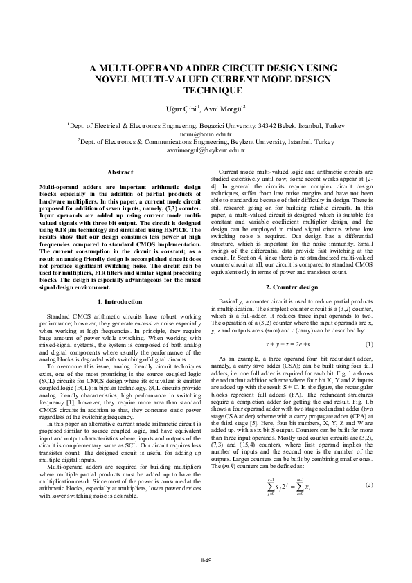 Pdf A Multi Operand Adder Circuit Design Using Novel Multi Valued Current Mode Design Technique