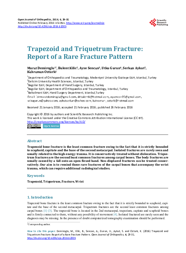 (PDF) Trapezoid and Triquetrum Fracture: Report of a Rare Fracture Pattern