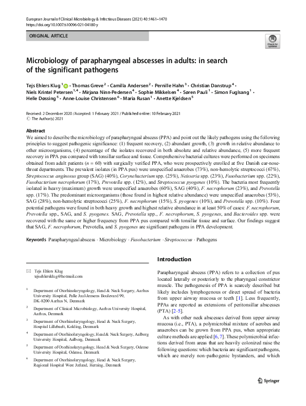 (PDF) Microbiology of parapharyngeal abscesses in adults: in search of ...
