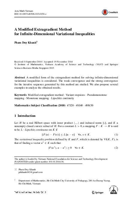 Pdf A Modified Extragradient Method For Infinite Dimensional