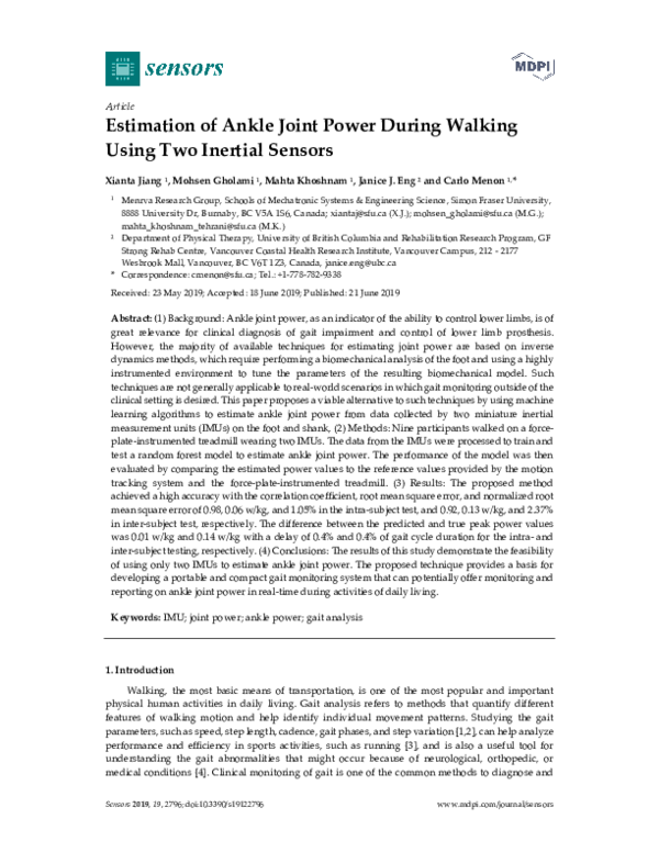 (PDF) Estimation of Ankle Joint Power During Walking Using Two Inertial Sensors
