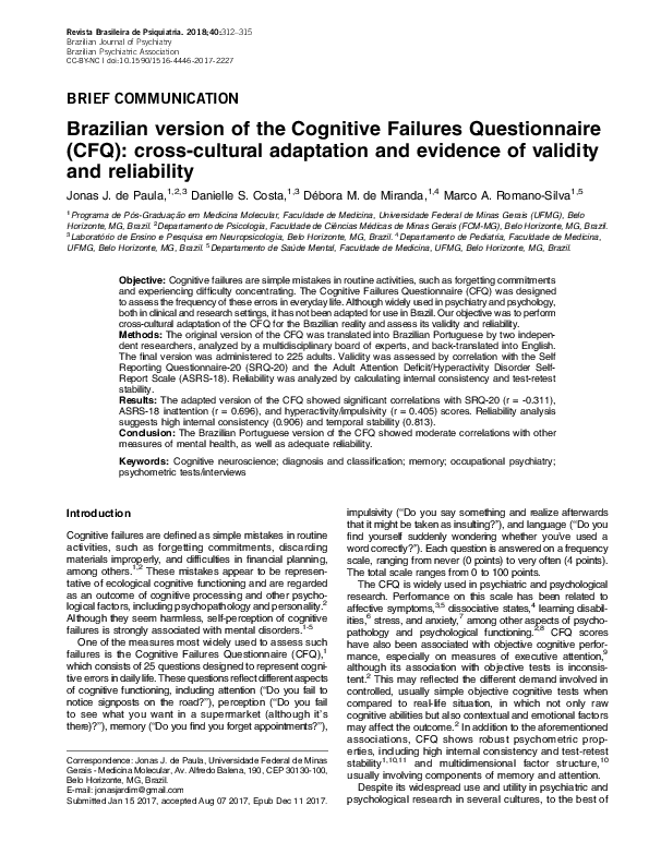 (PDF) Brazilian version of the Cognitive Failures Questionnaire (CFQ ...