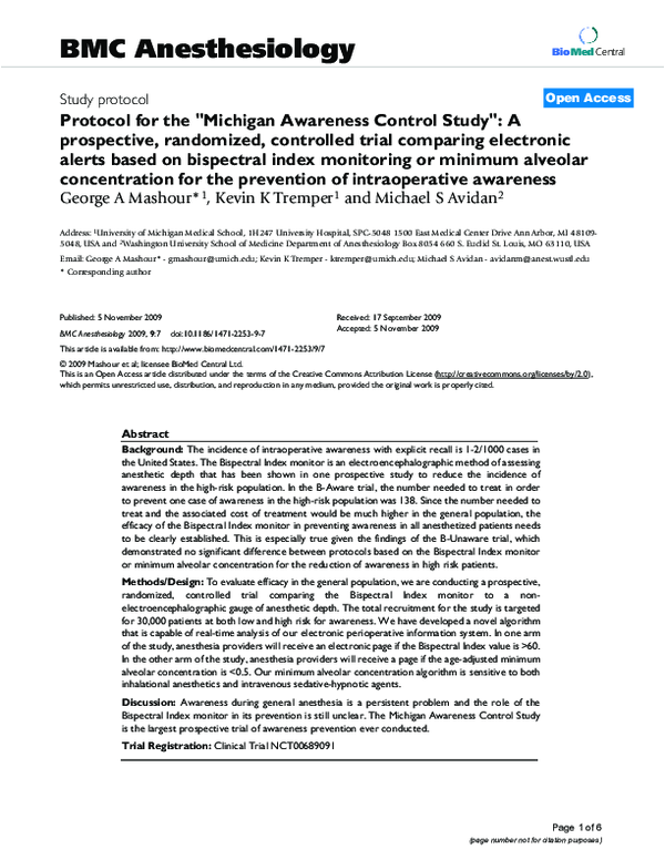 (PDF) Protocol for the "Michigan Awareness Control Study": A ...