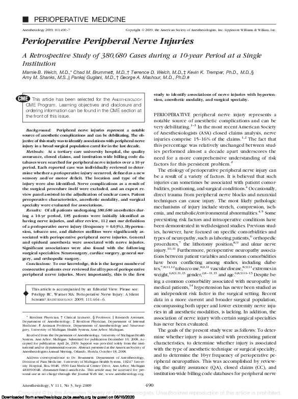 (PDF) Perioperative Peripheral Nerve Injuries | Kevin Tremper ...