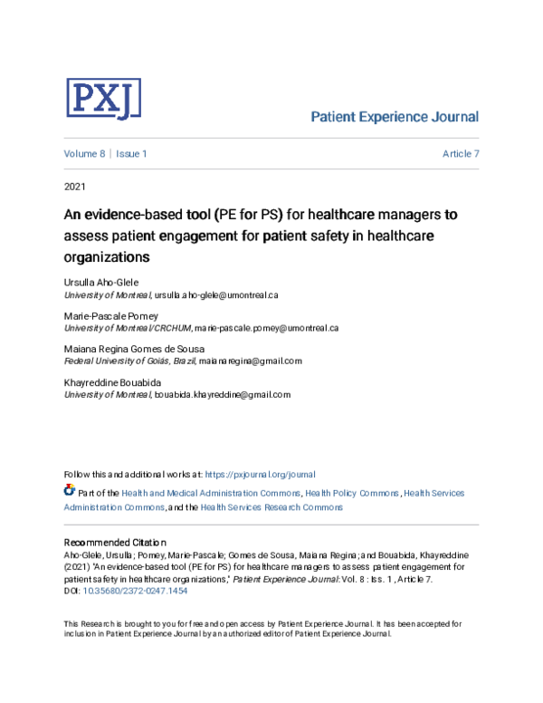 (PDF) Tool for Assessing Patient Engagement in Safety