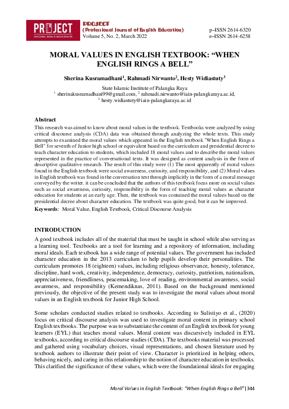 (PDF) Moral Values in English Textbook: “When English Rings a Bell”